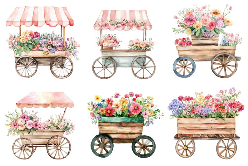 Watercolor Floral Cart Clipart, Png Bundle, Flower Clip Art ...