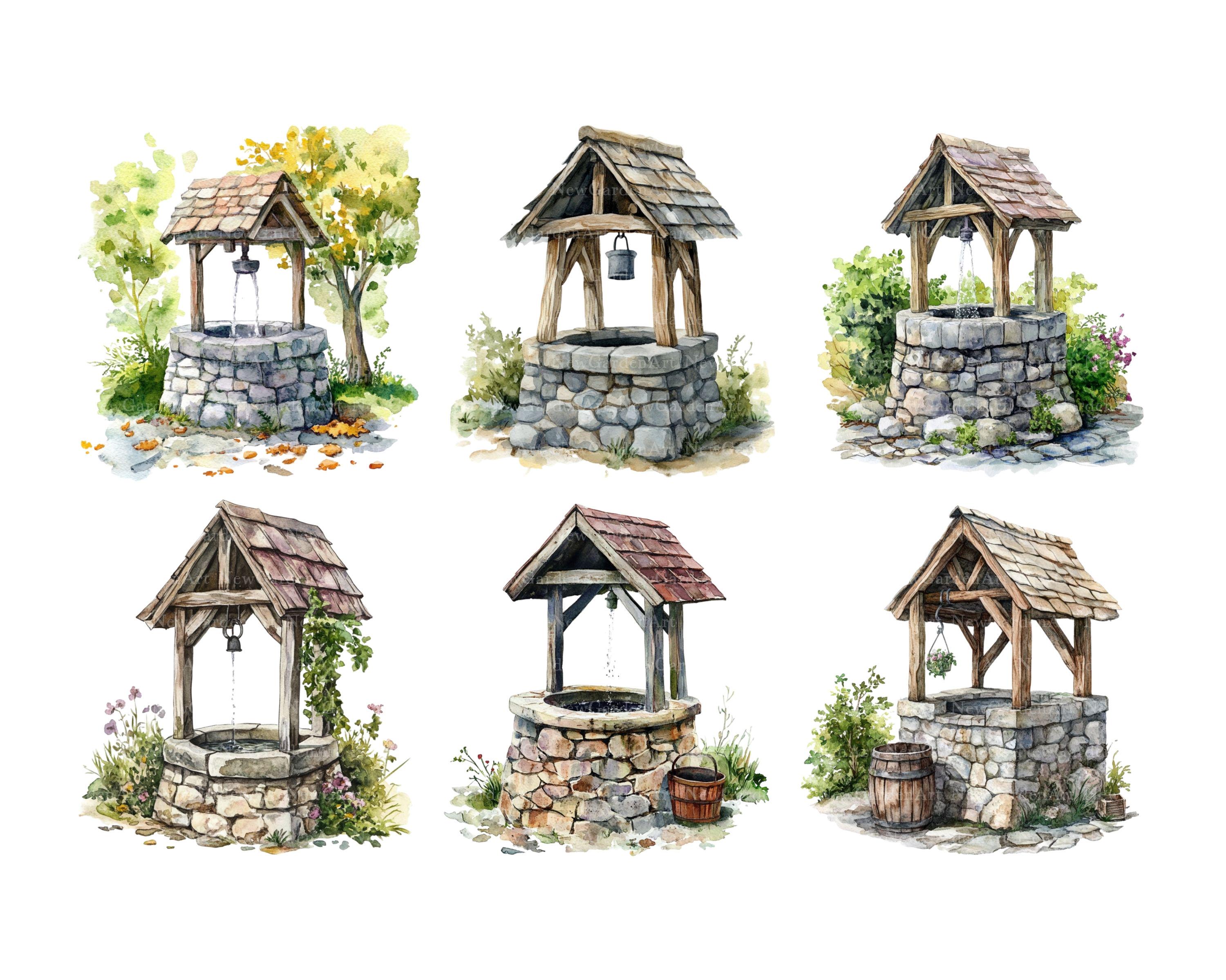 Watercolor Well Clipart Bundle, Well Png, Rustic Well Clip Art, Vintage ...