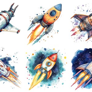 Watercolor Spaceship Clipart, Png Bundle, Rocket Ship Clip Art, Space ...