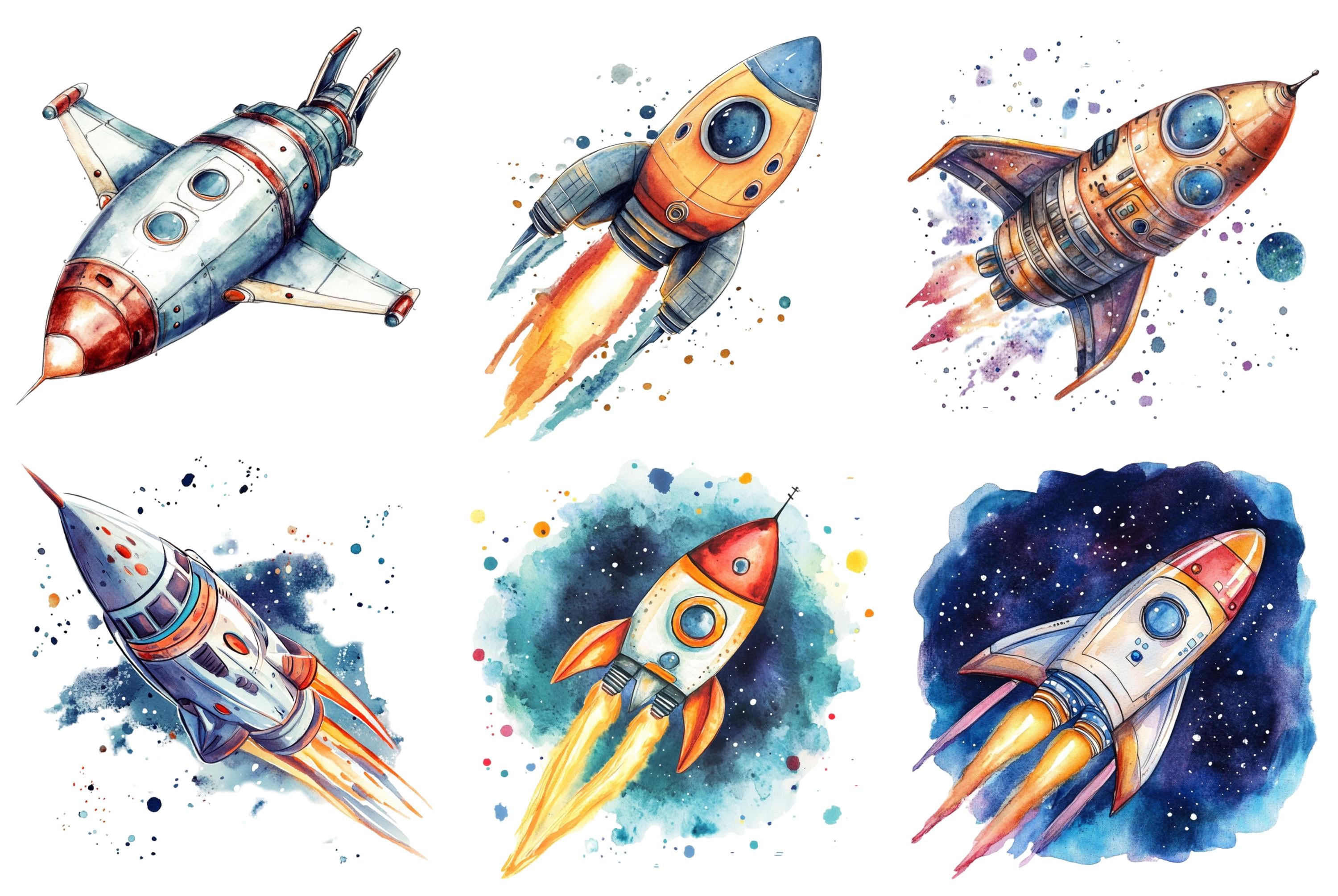 Watercolor Spaceship Clipart, Png Bundle, Rocket Ship Clip Art, Space ...