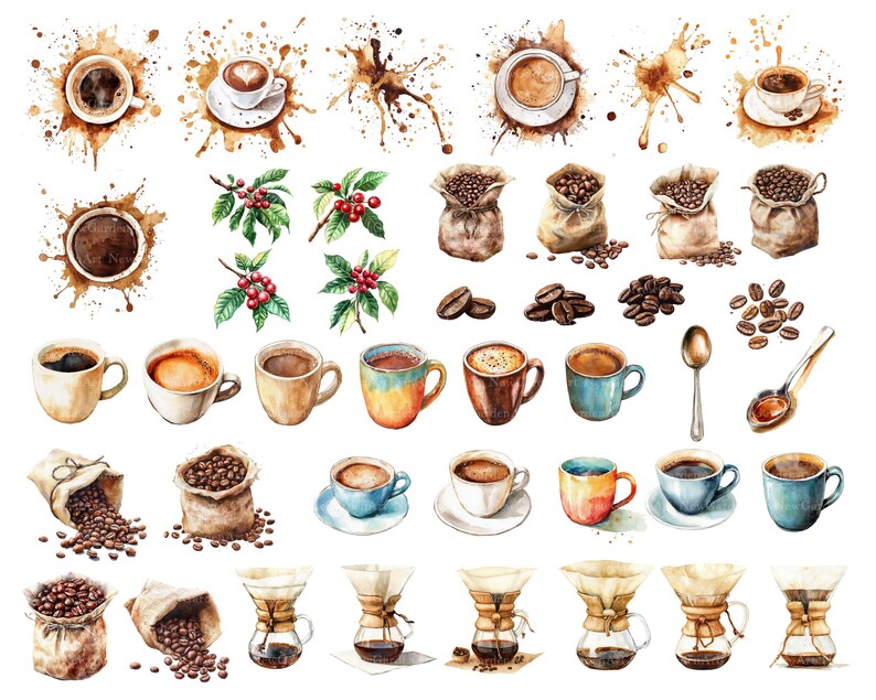 Watercolor Coffee Clipart Bundle, Coffee Png, Illustration, Latte Art ...