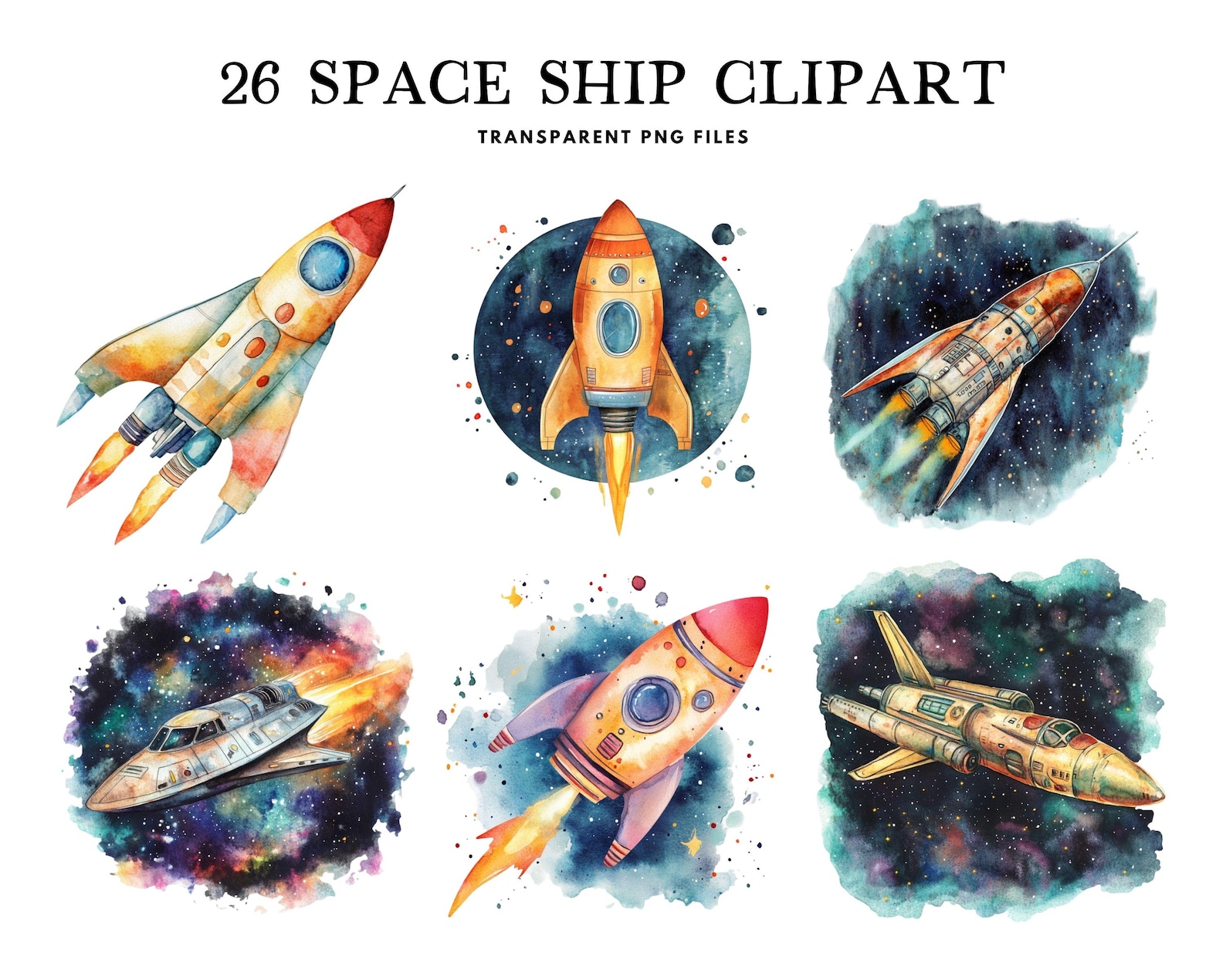 Watercolor Spaceship Clipart, Png Bundle, Rocket Ship Clip Art, Space ...