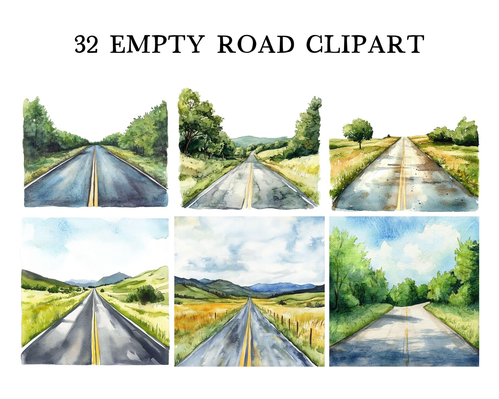Watercolor Empty Road Clipart Bundle, Empty Road Png, Road Landscape ...