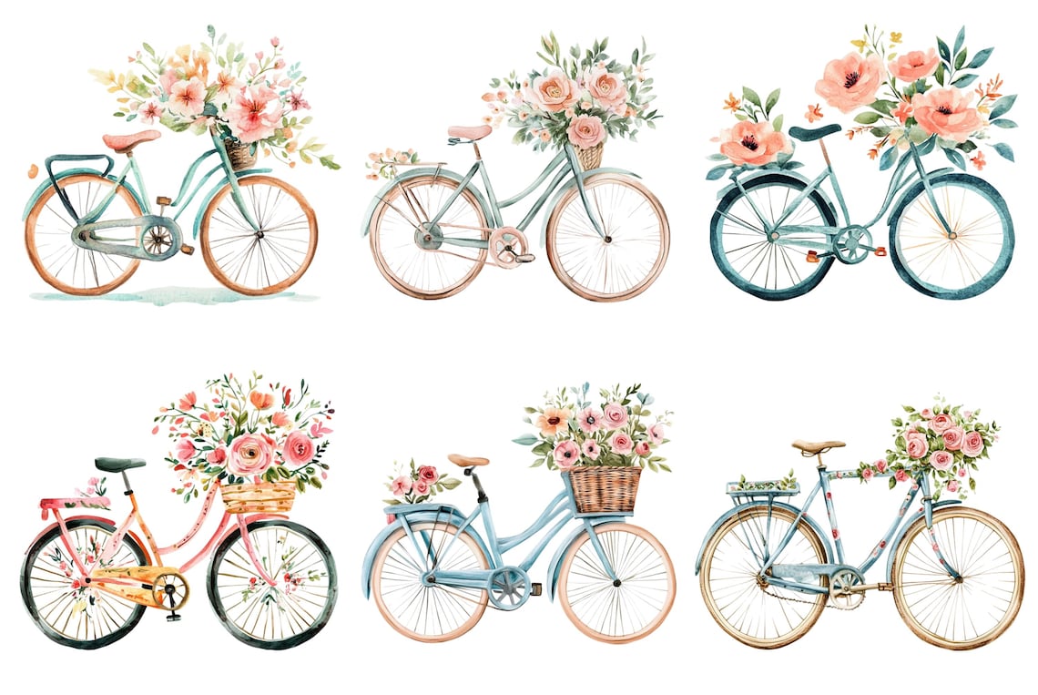 Watercolor Floral Bicycle Clipart, Floral Bicycle Png Bundle, Bicycle ...