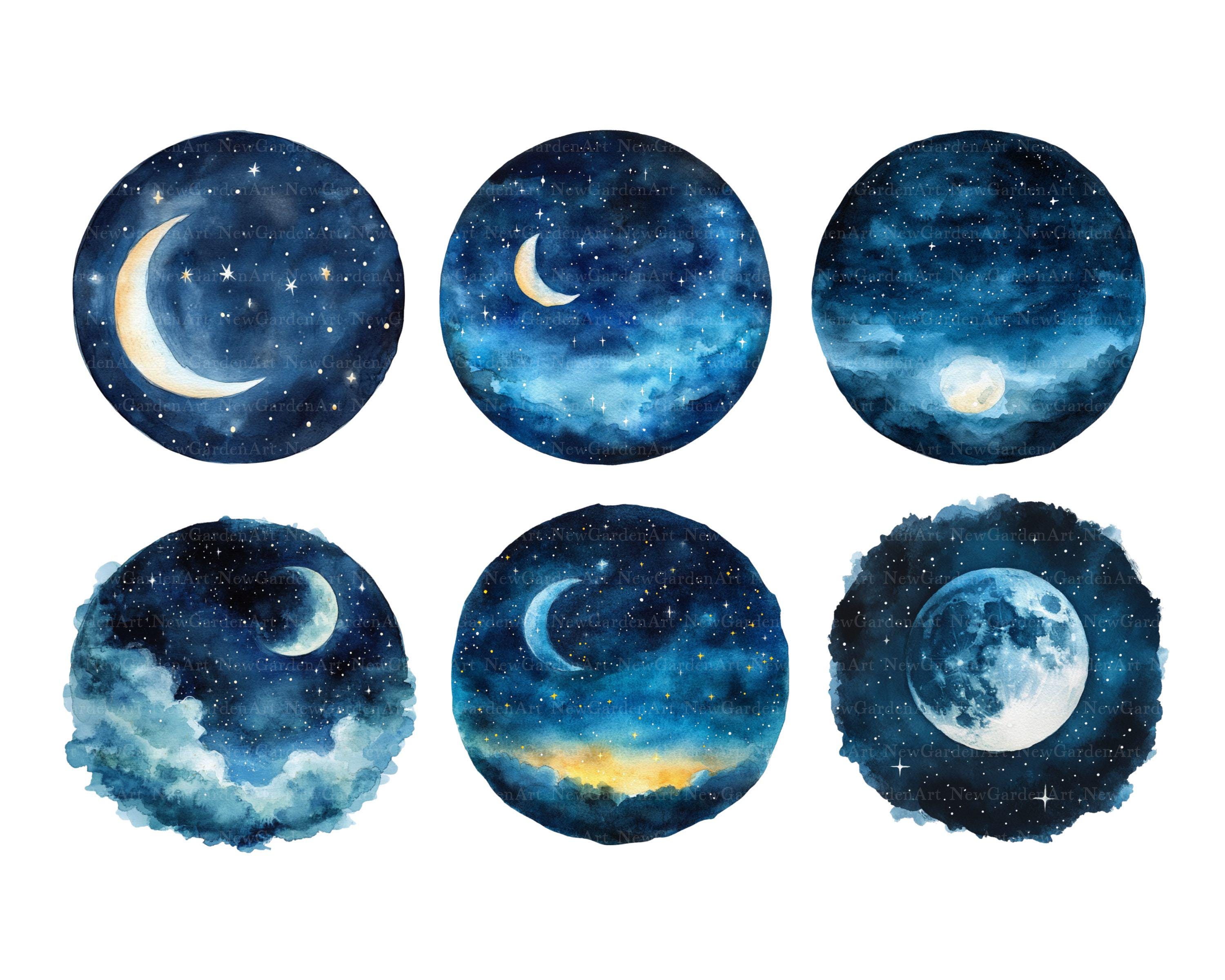 Watercolor Night Sky Clipart Bundle, Night Sky Png, Moon Clip Art, Star ...