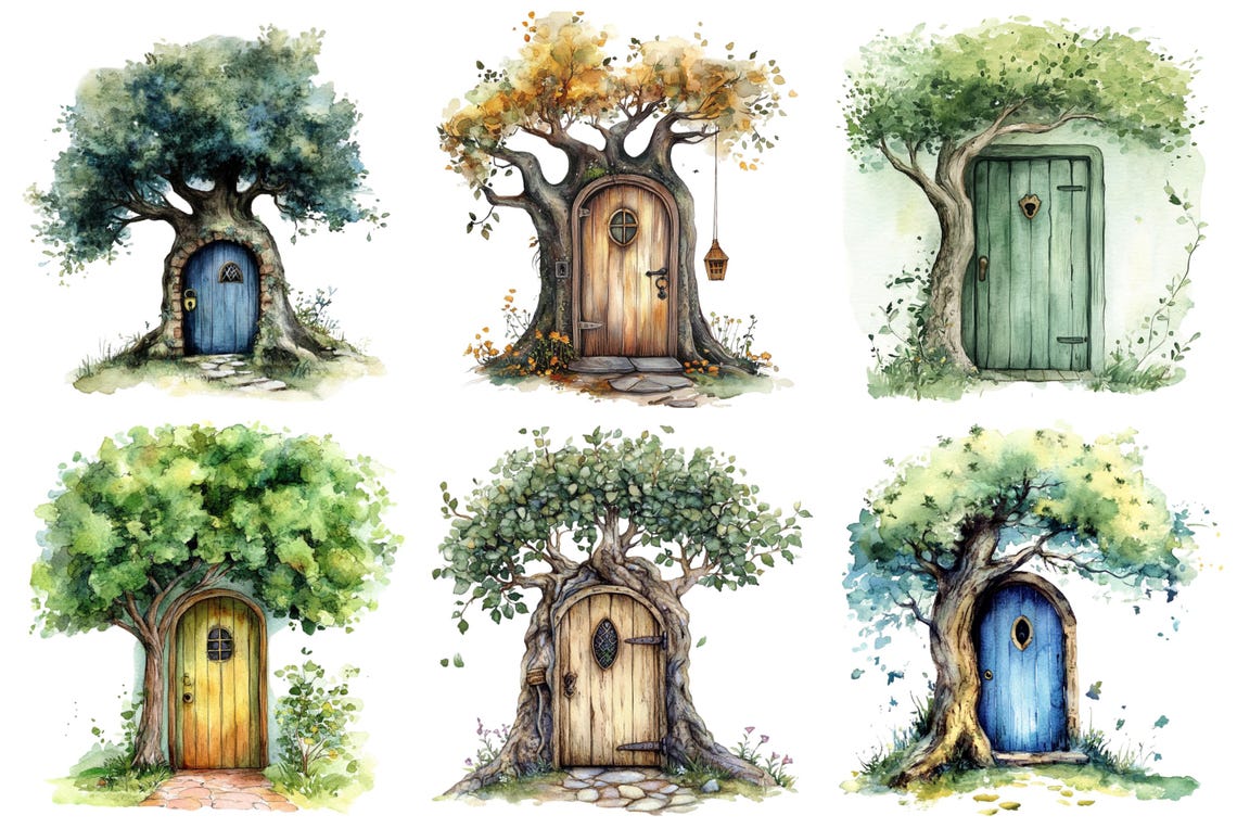 Watercolor Tree Door Clipart, Png Bundle, Clip Art Illustration, Garden ...