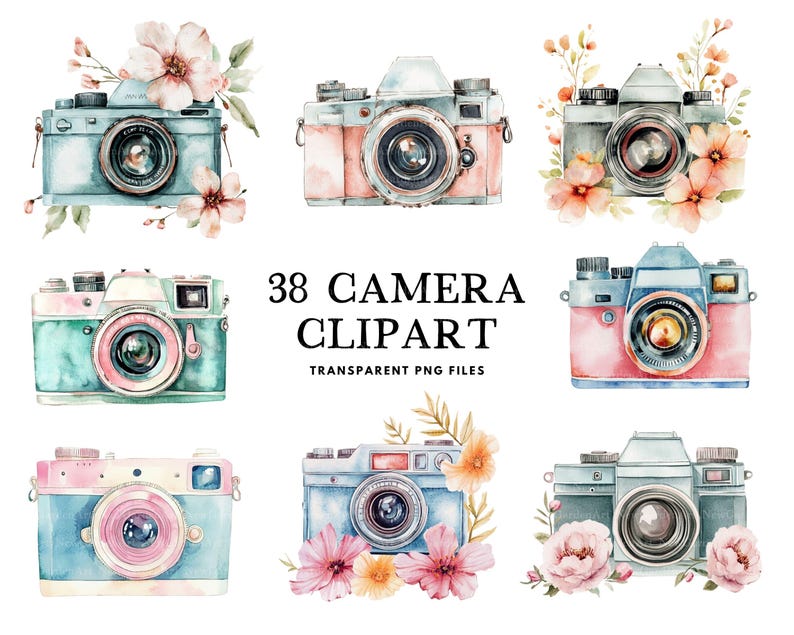 Watercolor Camera Clipart Bundle, Camera Png, Vintage Camera Clip Art ...