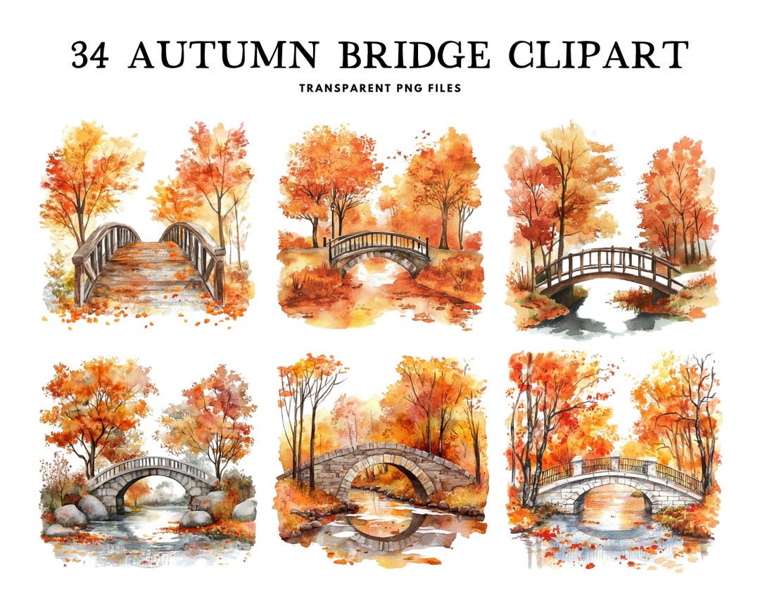 Watercolor Autumn Bridge Clipart, Png Bundle, Clip Art Illustration ...