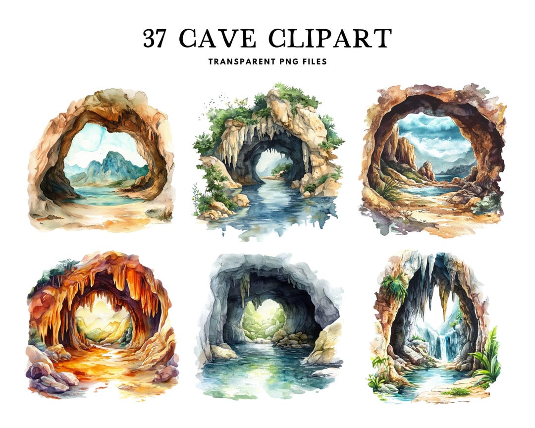 Watercolor Cave Clipart, Cave Png Bundle, Cavern Clip Art, Cave Landscape Illustration, Rocky ...