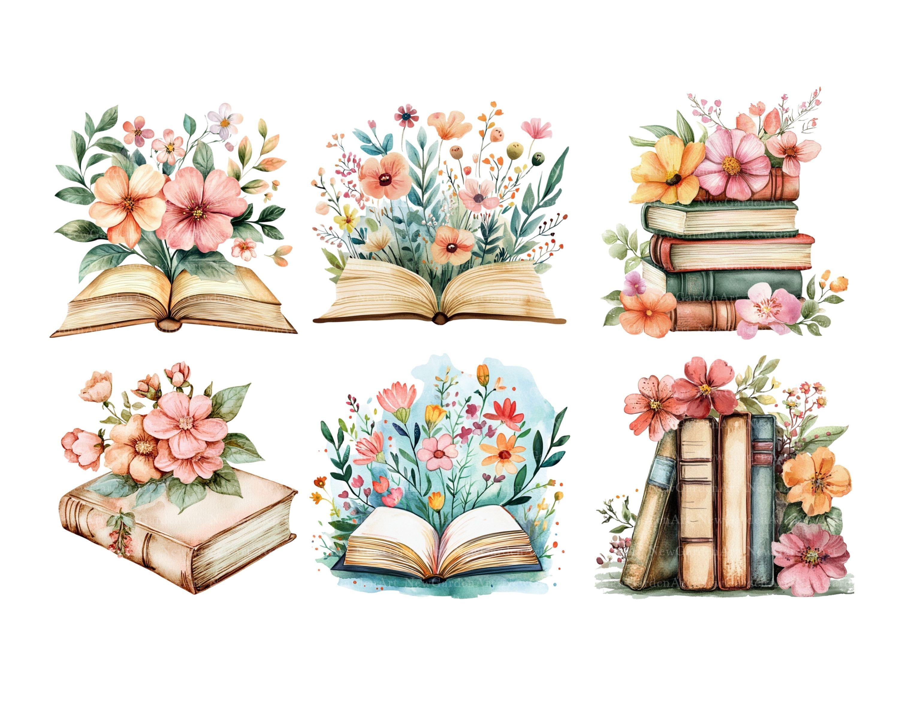 Watercolor Floral Book Clipart, Flower Book Png, Wildflower Book Lover ...