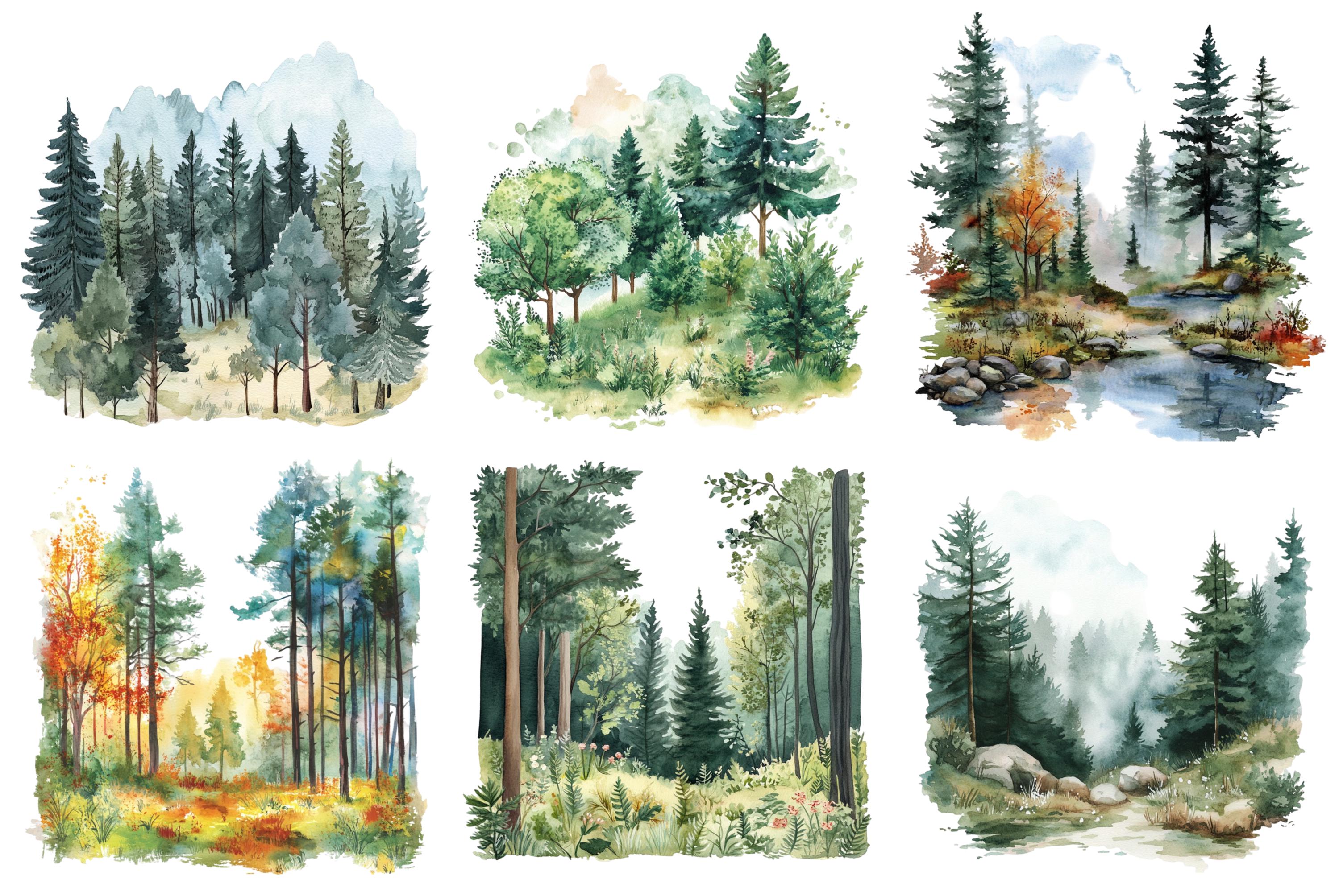 Watercolor Forest Clipart, Png Bundle, Landscape Clip Art, Nature ...