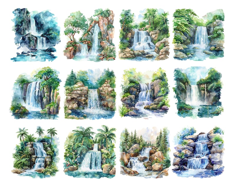 Watercolor Waterfall Clipart Bundle, Waterfall Png, Mountain Landscape ...