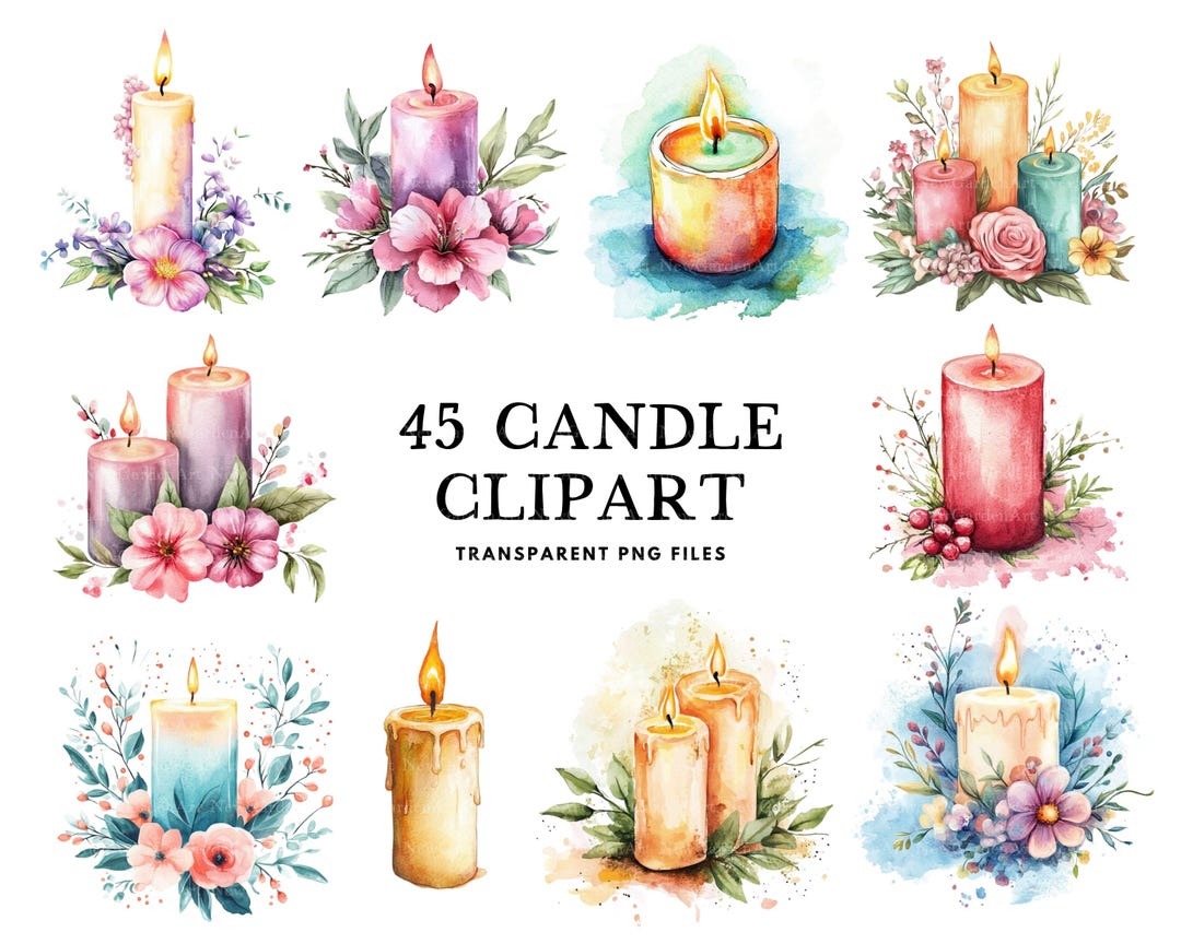 Watercolor Candle Clipart Bundle, Floral Candle Png Illustration ...