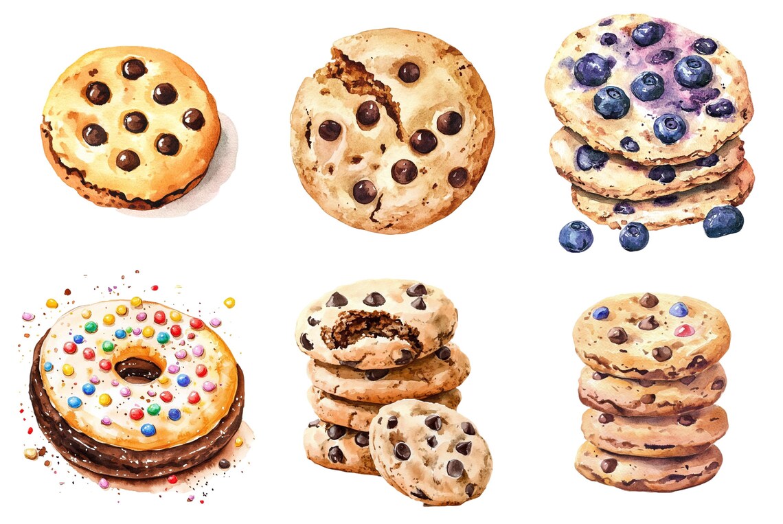 Watercolor Cookie Clipart Bundle, Cookie Png, Chocolate Chip Cookie ...