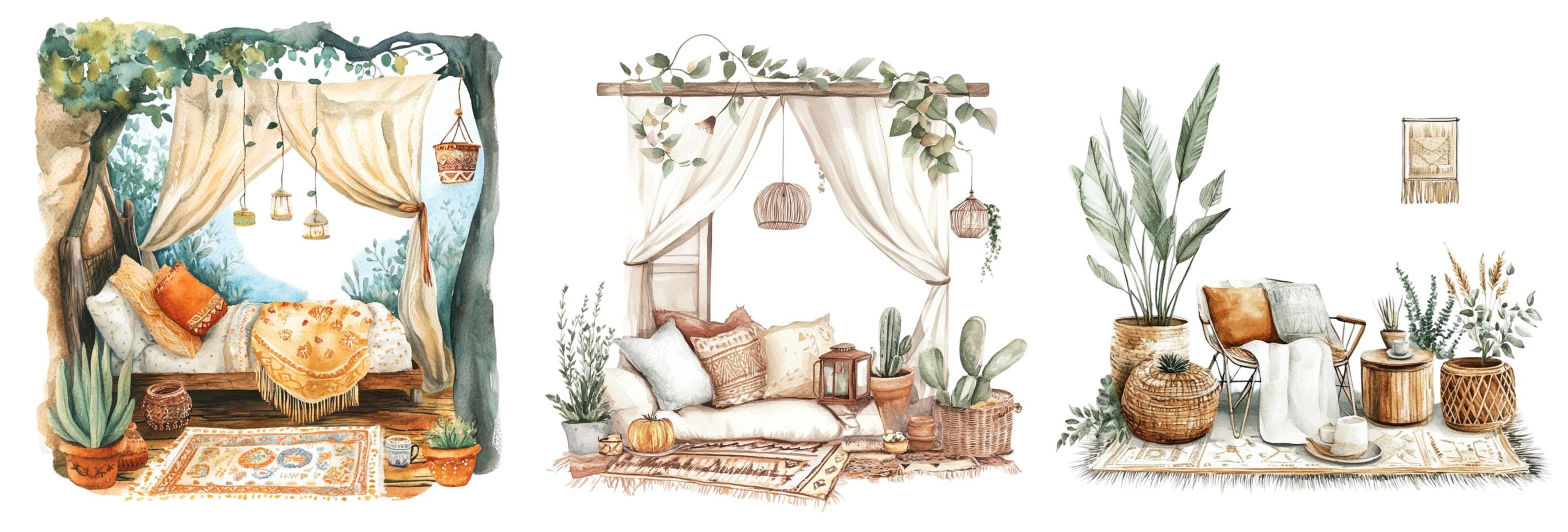 Watercolor Cozy Boho Corner Clipart Bundle, Png, Cozy Clip Art, Boho ...