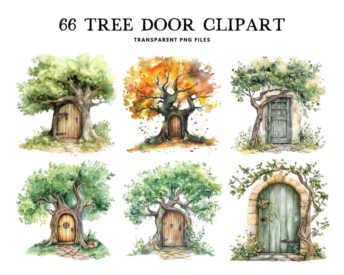 Watercolor Tree Door Clipart, Png Bundle, Clip Art Illustration, Garden ...