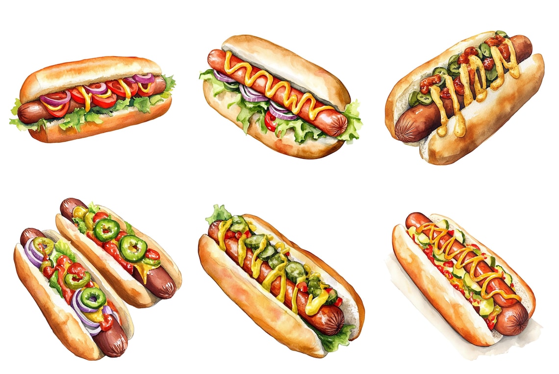 Watercolor Hot Dog Clipart, Png Bundle, Fast Food Clip Art ...