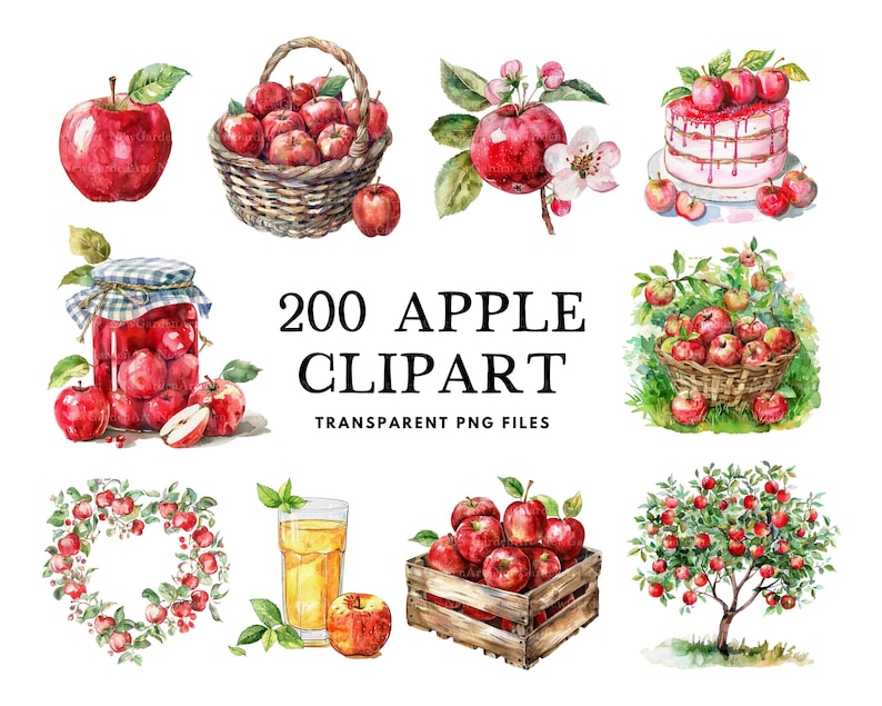 Watercolor Apple Clipart Bundle, Apple Png, Apple Pie Clip Art, Apple ...