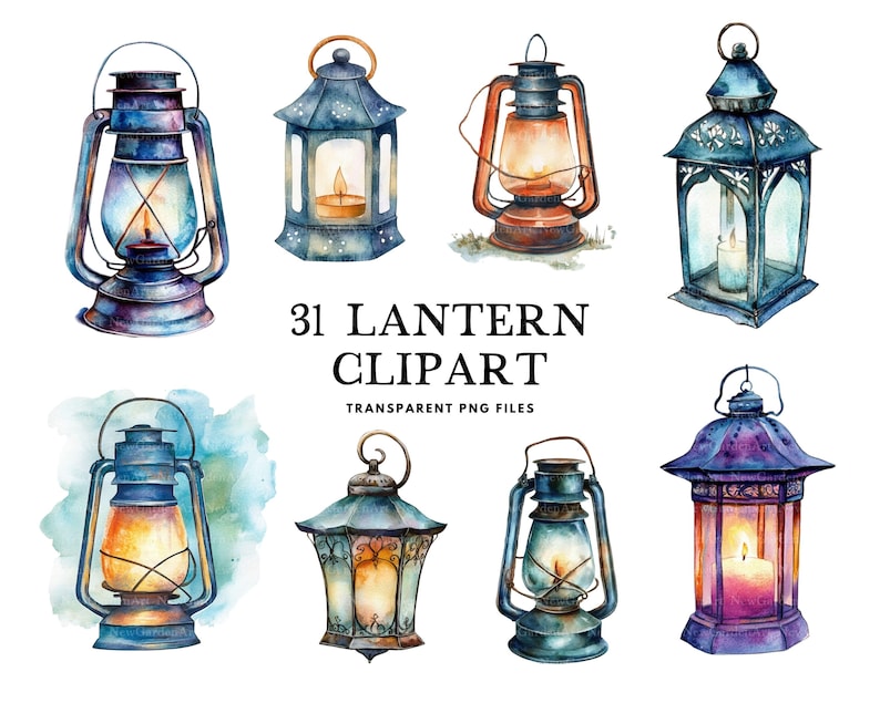 Watercolor Lantern Clipart Bundle, Lantern Png, Vintage Lantern Clip ...