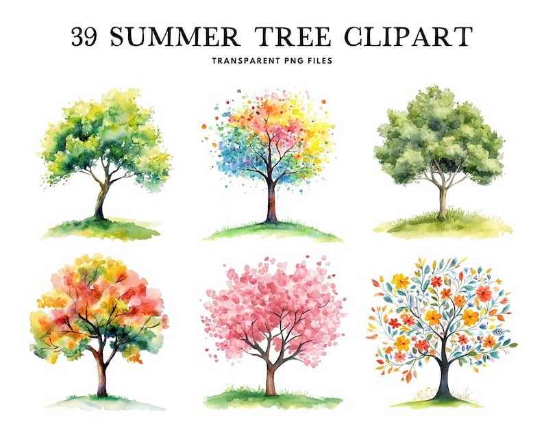 Watercolor Summer Tree Clipart, Png Bundle, Clip Art, Illustration ...