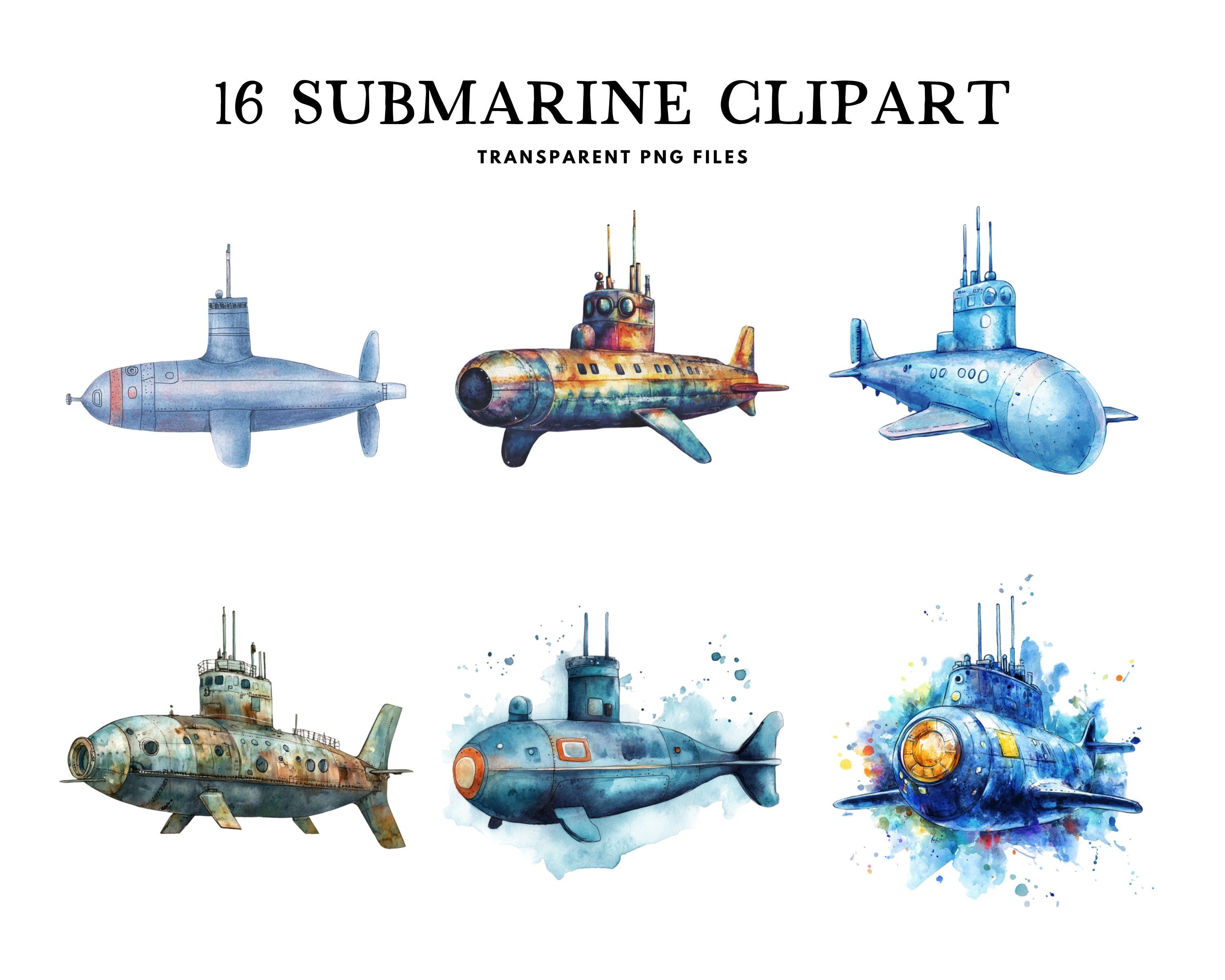Watercolor Submarine Clipart, Png Bundle, Nautical Clip Art, Underwater ...