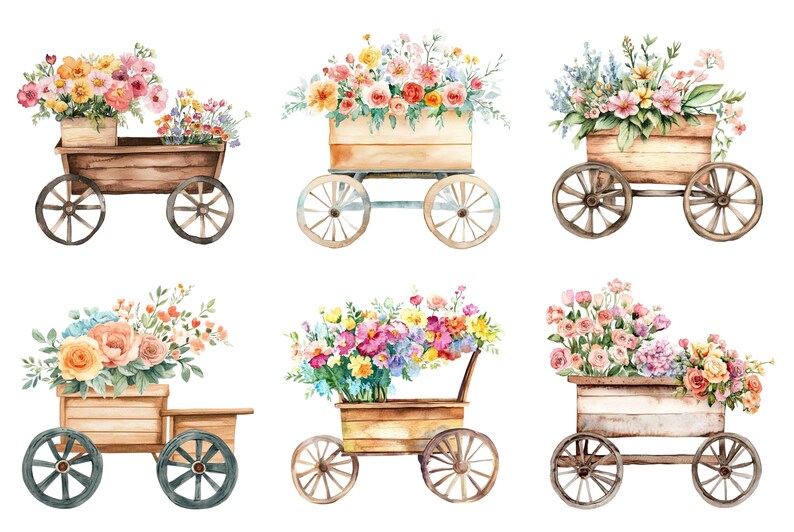 Watercolor Floral Cart Clipart, Png Bundle, Flower Clip Art ...