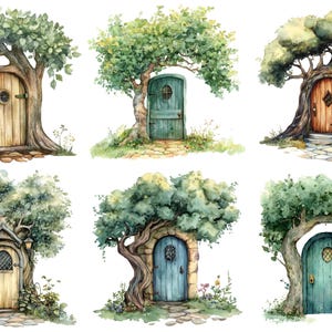 Watercolor Tree Door Clipart, Png Bundle, Clip Art Illustration, Garden ...