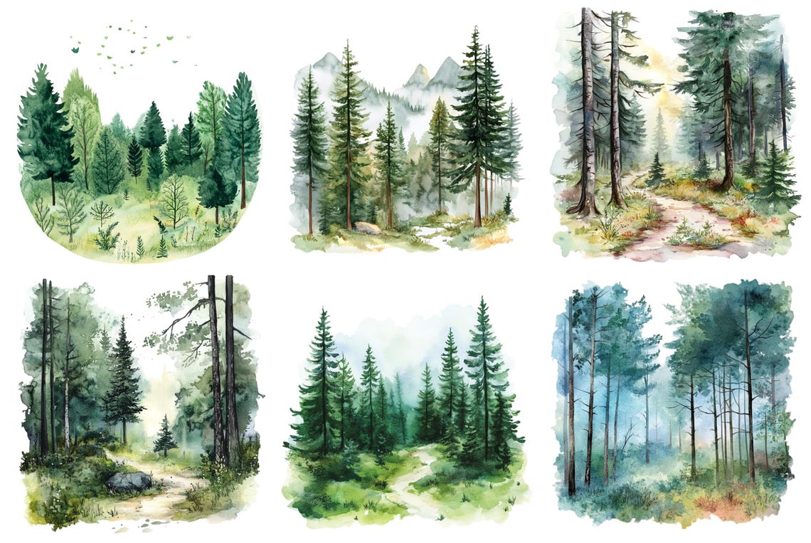 Watercolor Forest Clipart, Png Bundle, Landscape Clip Art, Nature ...