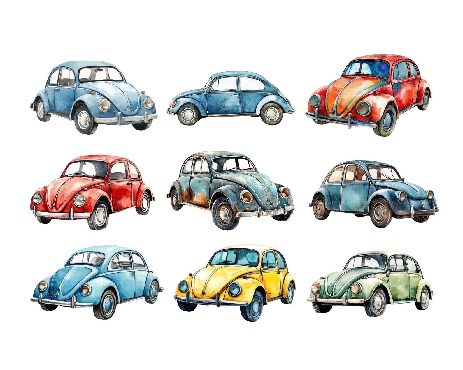 Watercolor Car Clipart Bundle, Car Png, Vintage Car Clip Art, Retro Car ...