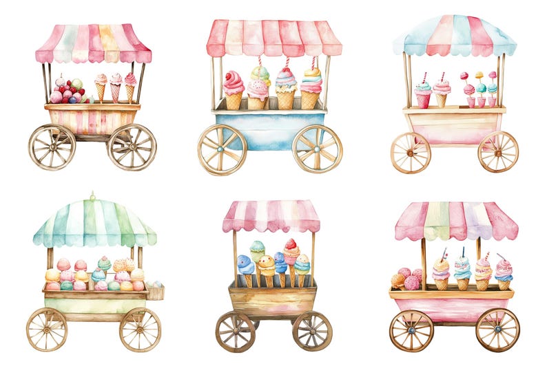 Watercolor Ice Cream Cart Clipart Bundle, Ice Cream Cart Png, Clip Art ...