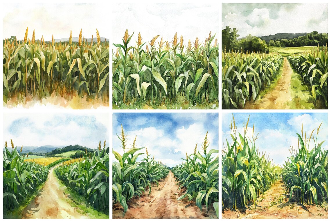 Watercolor Corn Field Landscape Clipart Bundle, Png Clip Art ...