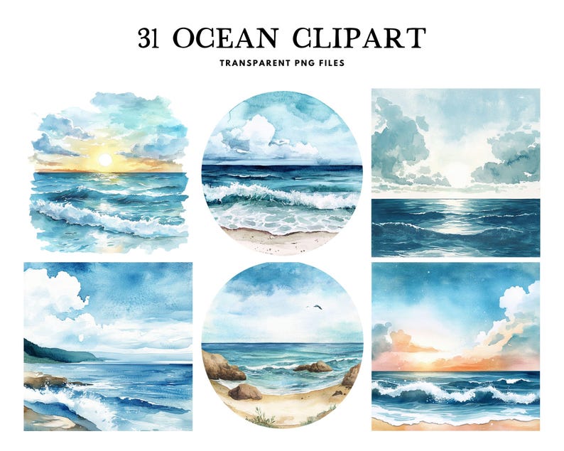 Watercolor Ocean Clipart, Png Bundle, Sea Clip Art, Landscape ...