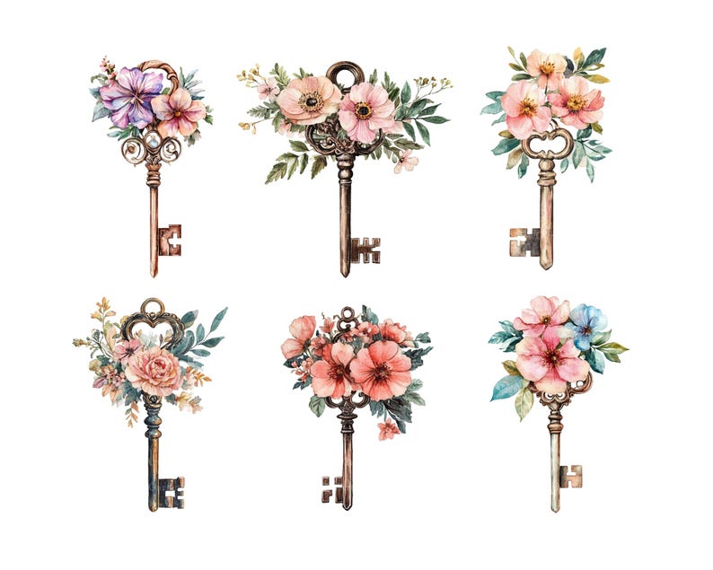 Watercolor Key Clipart Bundle, Floral Key Png, Vintage Key Clip Art ...