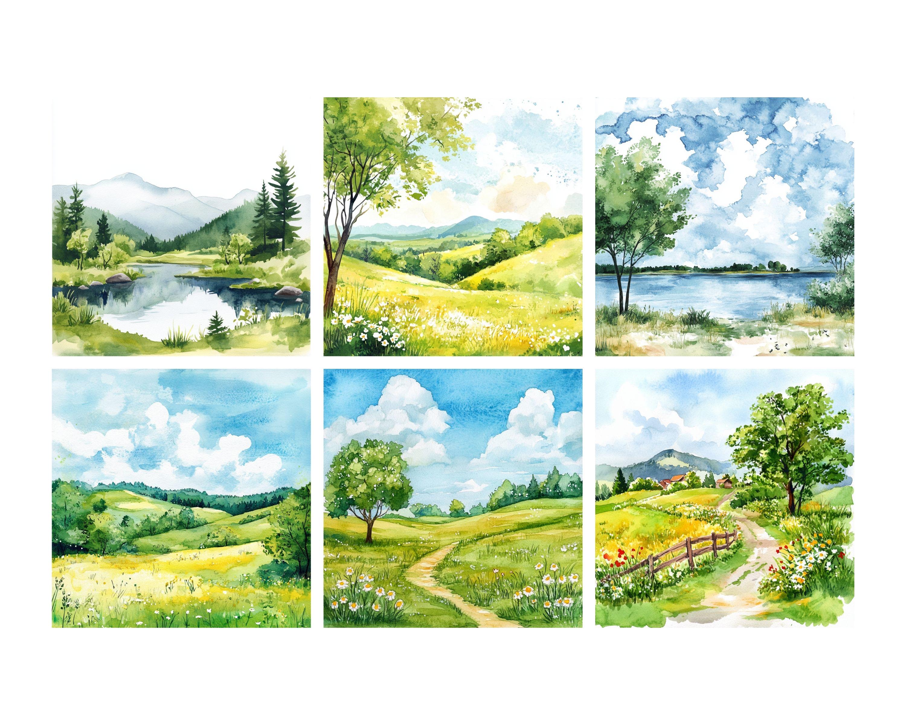 Watercolor Summer Landscape Clipart Bundle, Summer Landscape Png ...