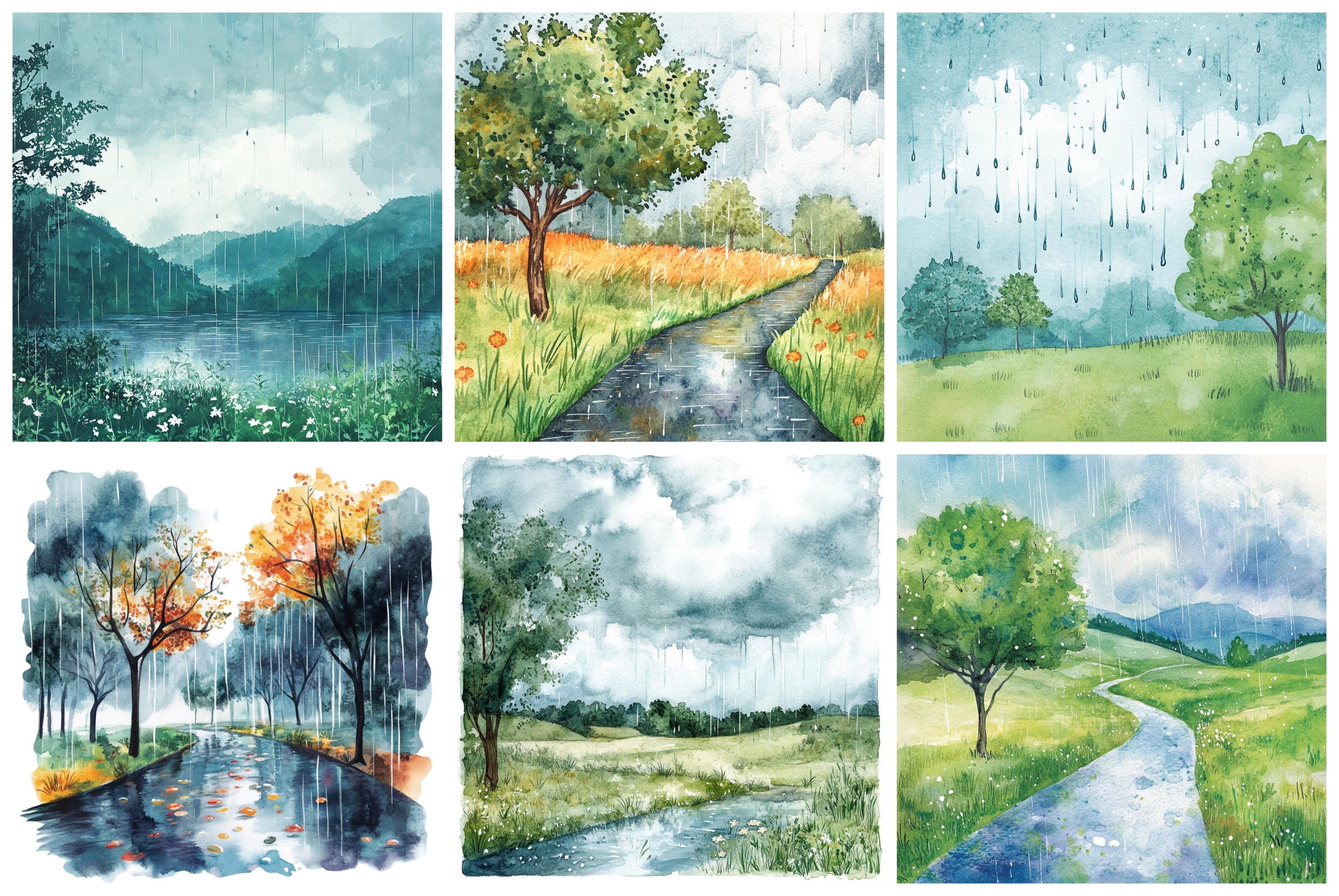 Watercolor Rain Clipart, Png Bundle, Landscape Clip Art, Cloud ...