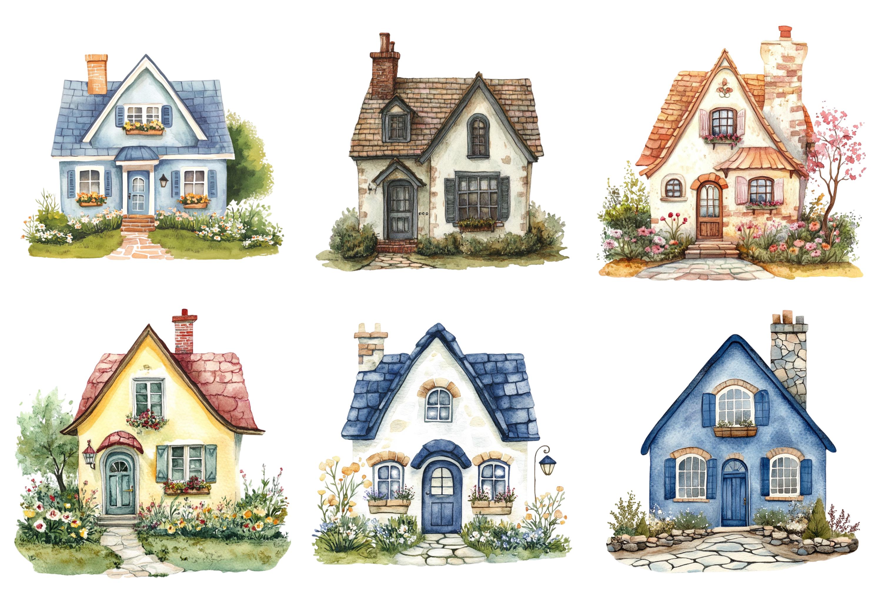 Watercolor Cottage House Clipart Bundle, Cottage House Png, House Clip ...
