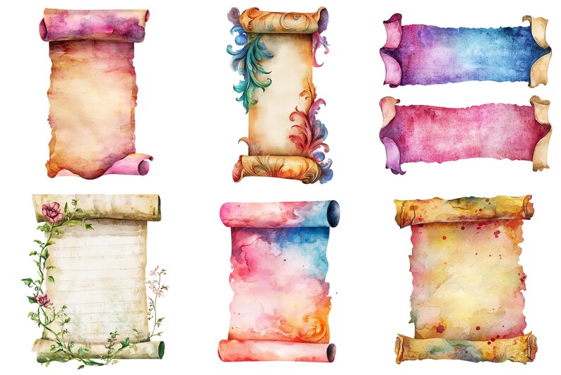 Watercolor Retro Paper Scroll Clipart, Png Bundle, Clip Art, Vintage ...