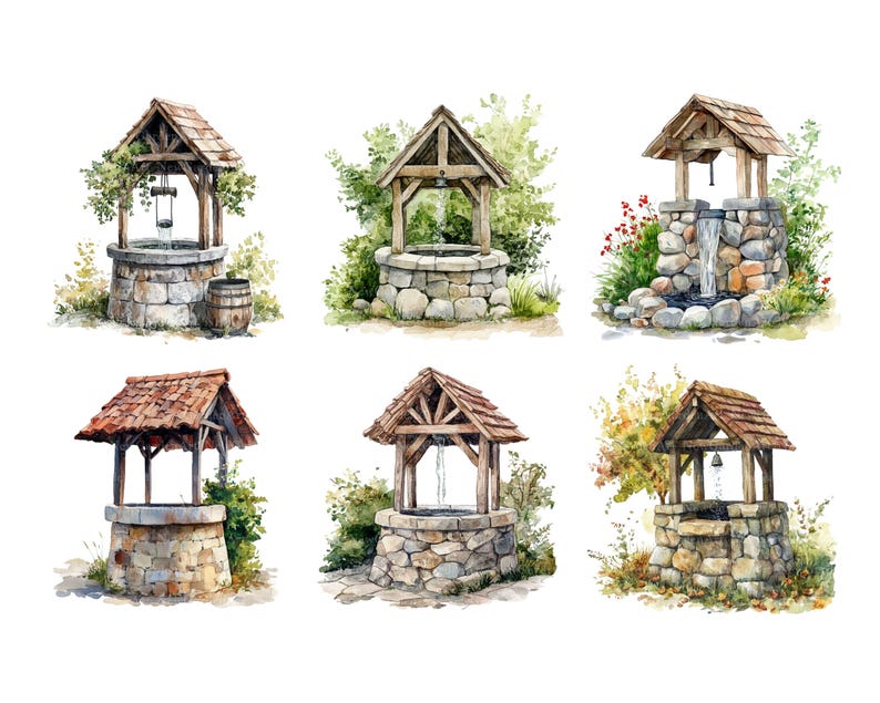 Watercolor Well Clipart Bundle, Well Png, Rustic Well Clip Art, Vintage ...