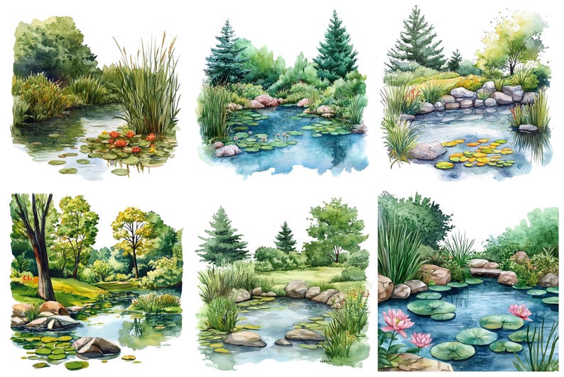 Watercolor Pond Clipart, Png Bundle, Garden Clip Art, Illustration ...