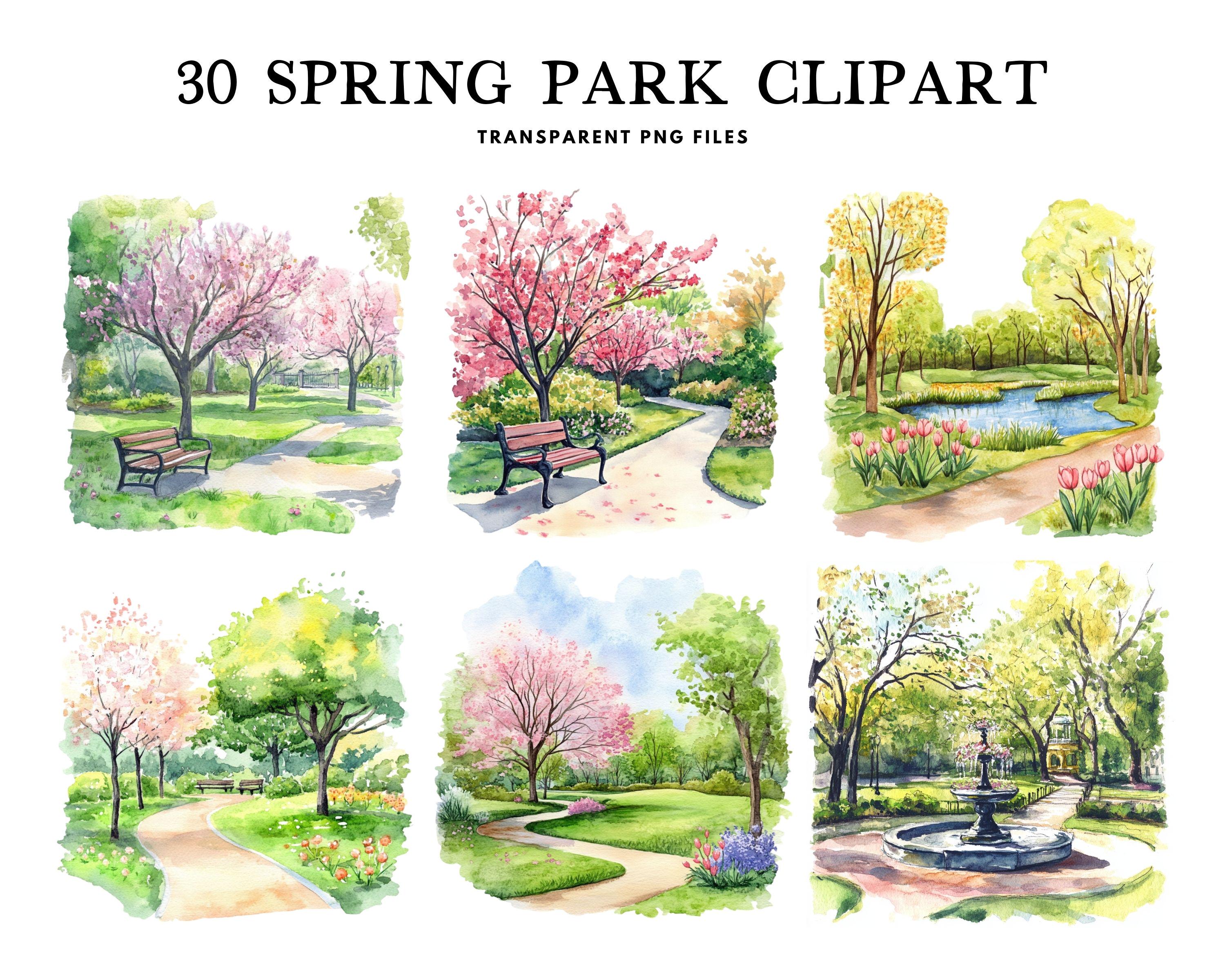 Watercolor Spring Park Clipart, Png Bundle, Clip Art, Illustration ...