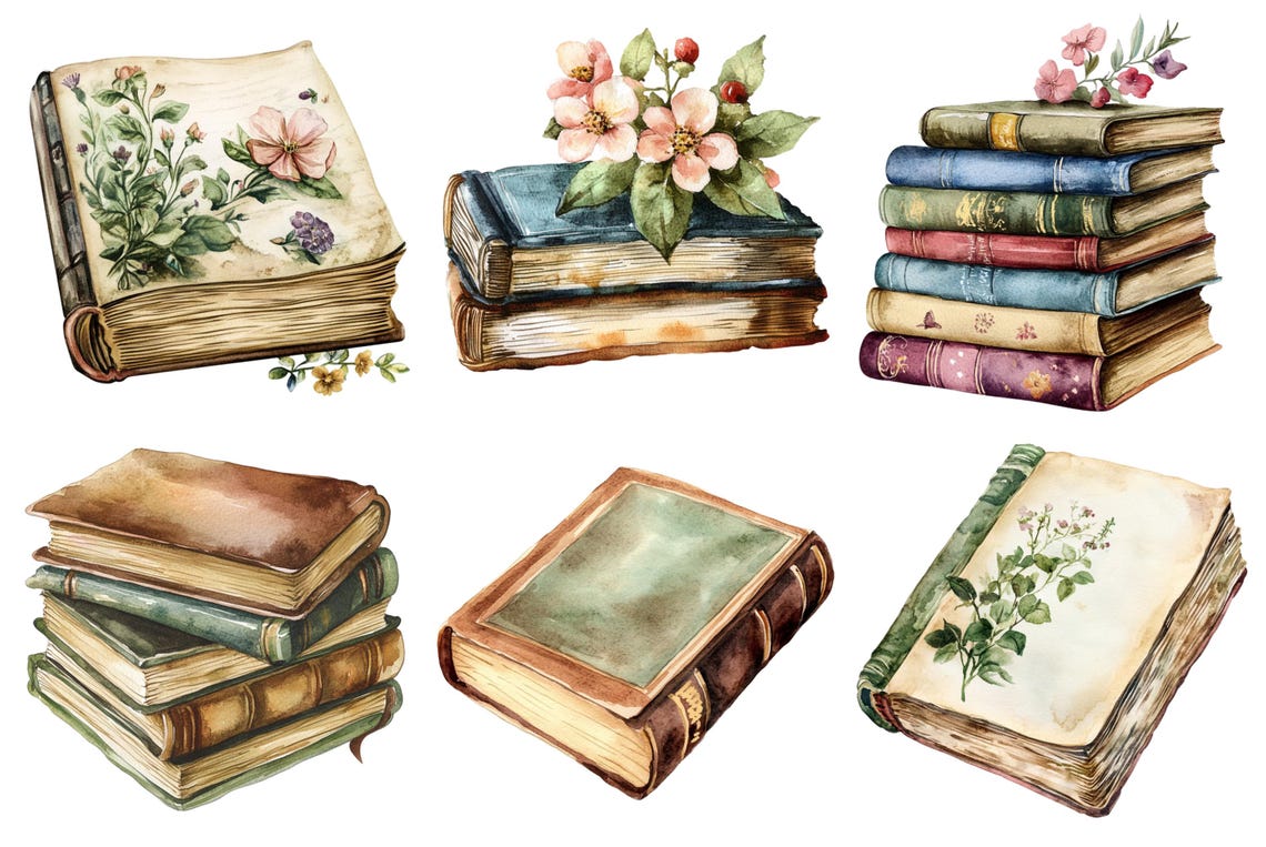 Watercolor Vintage Book Clipart, Png Bundle, Library Clip Art, Reading ...
