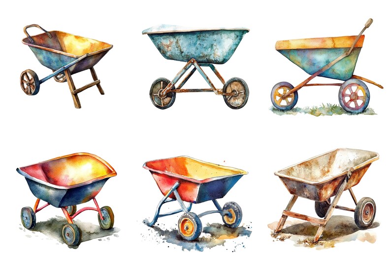 Watercolor Wheelbarrow Clipart, Png Bundle, Gardening Clip Art, Garden ...