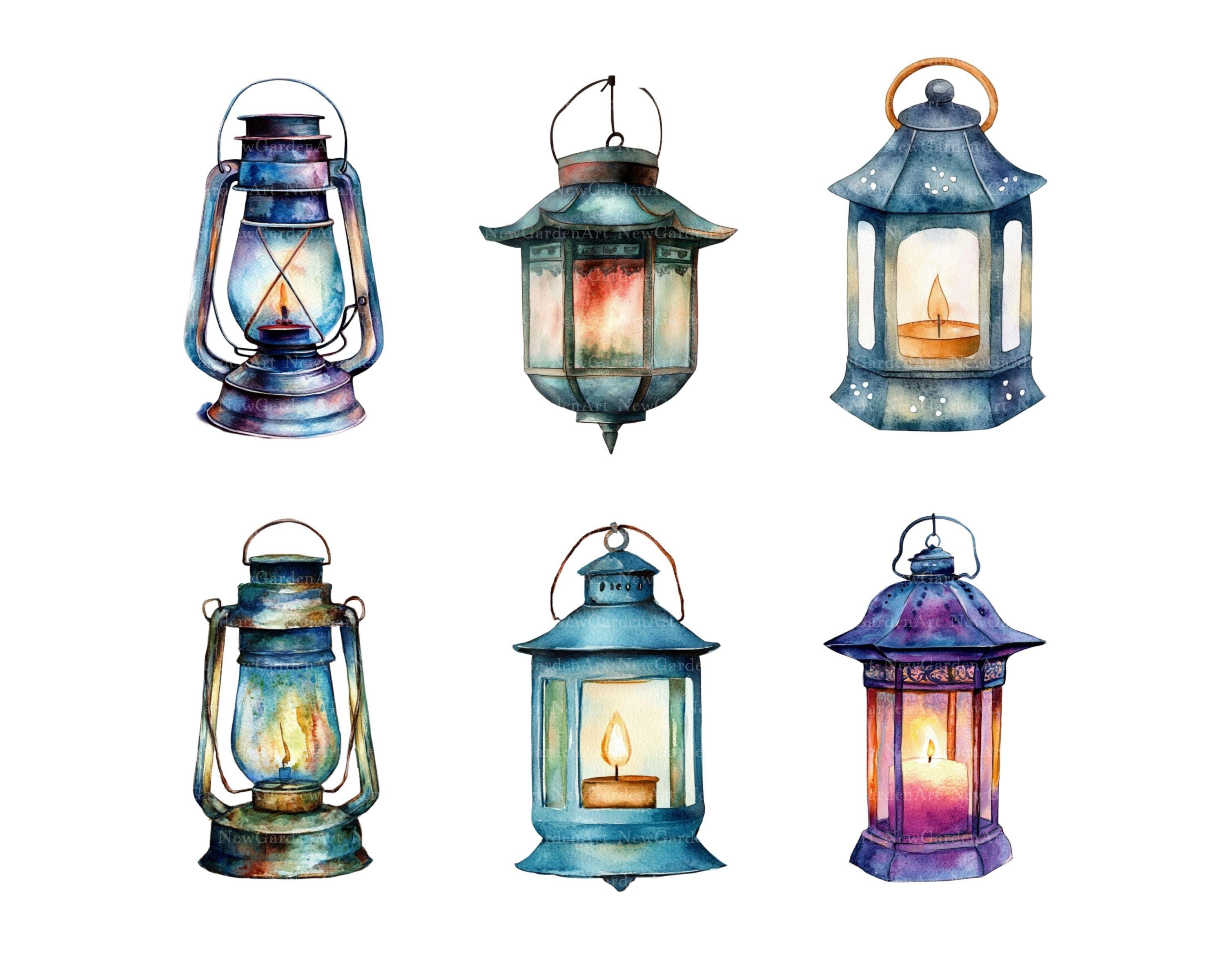 Watercolor Lantern Clipart Bundle, Lantern Png, Vintage Lantern Clip ...
