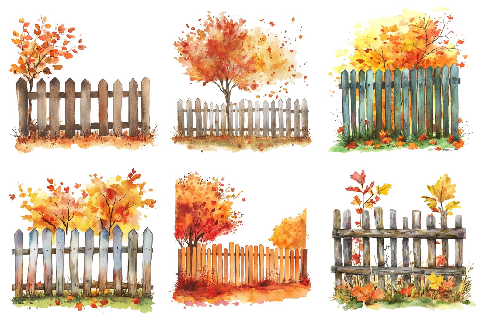 Watercolor Autumn Fence Clipart, Png Bundle, Clip Art, Fall ...