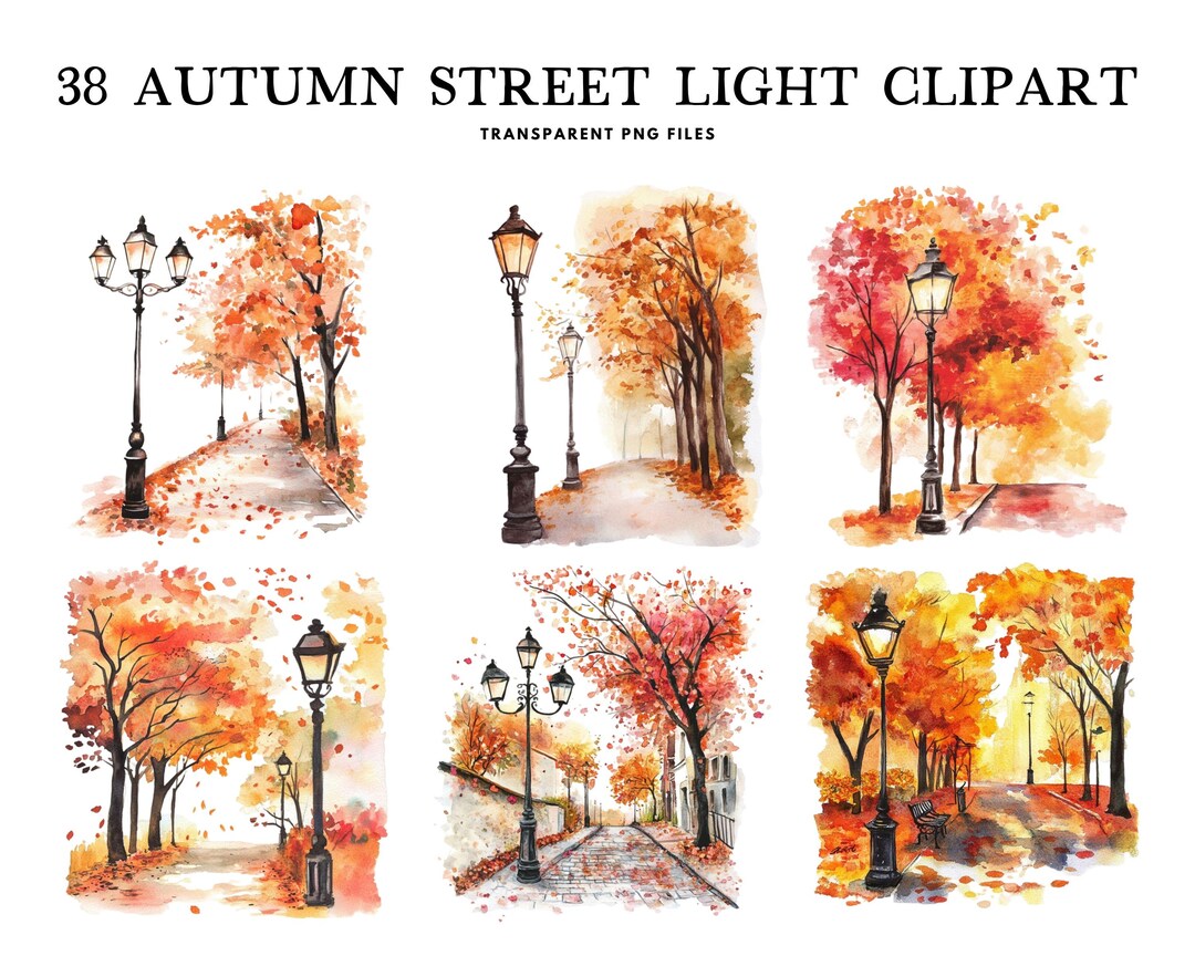 Watercolor Autumn Street Light Clipart Bundle, Autumn Street Light Png ...