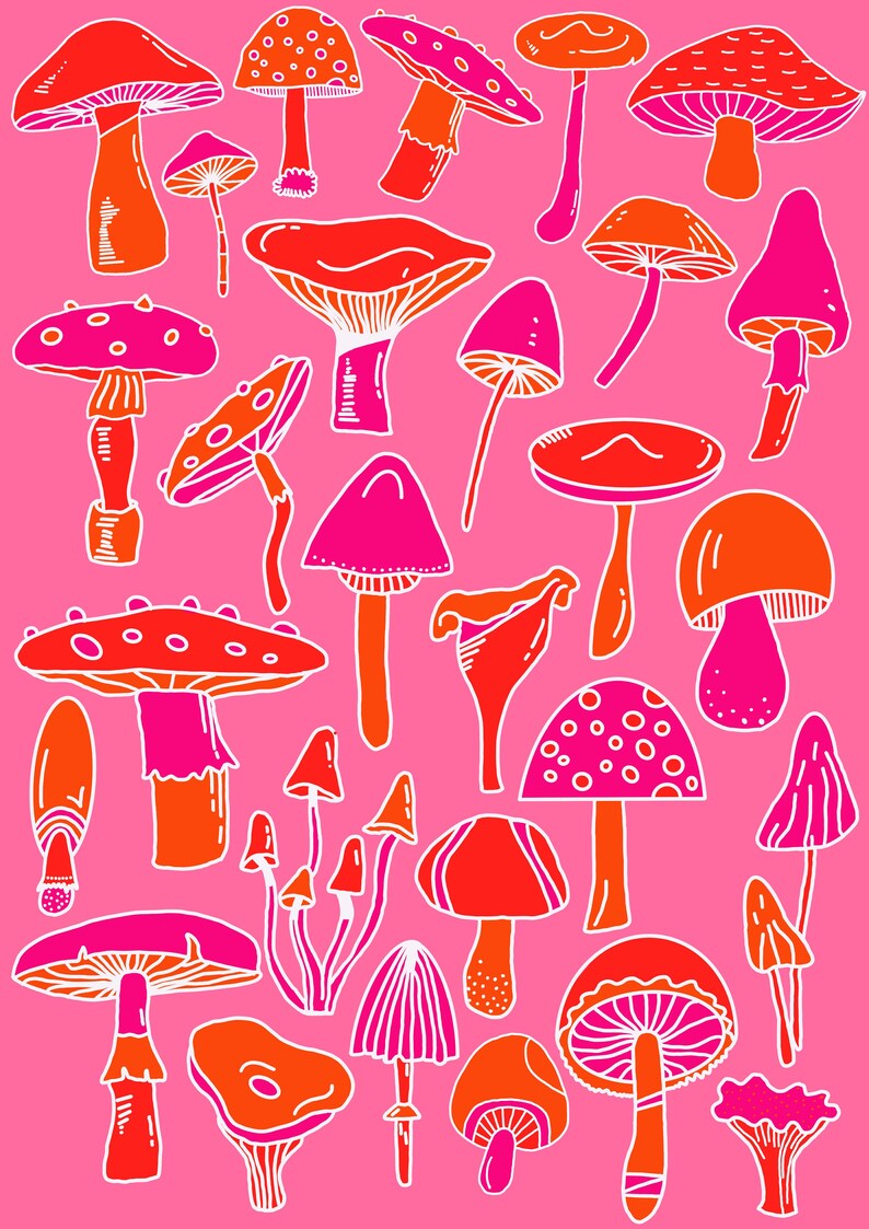 Pink Funky Mushroom Print - Etsy