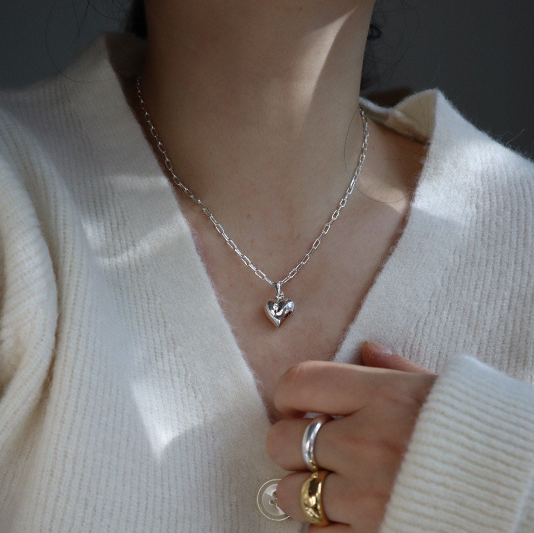 Sterling Silver Puff Heart Necklace, Silver Puff Heart Link Chain ...