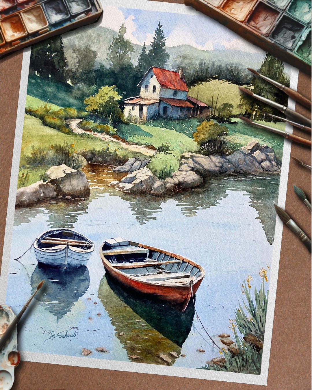 Original Watercolor Painting – Boats at Cottage Cove – Lake House Wall ...