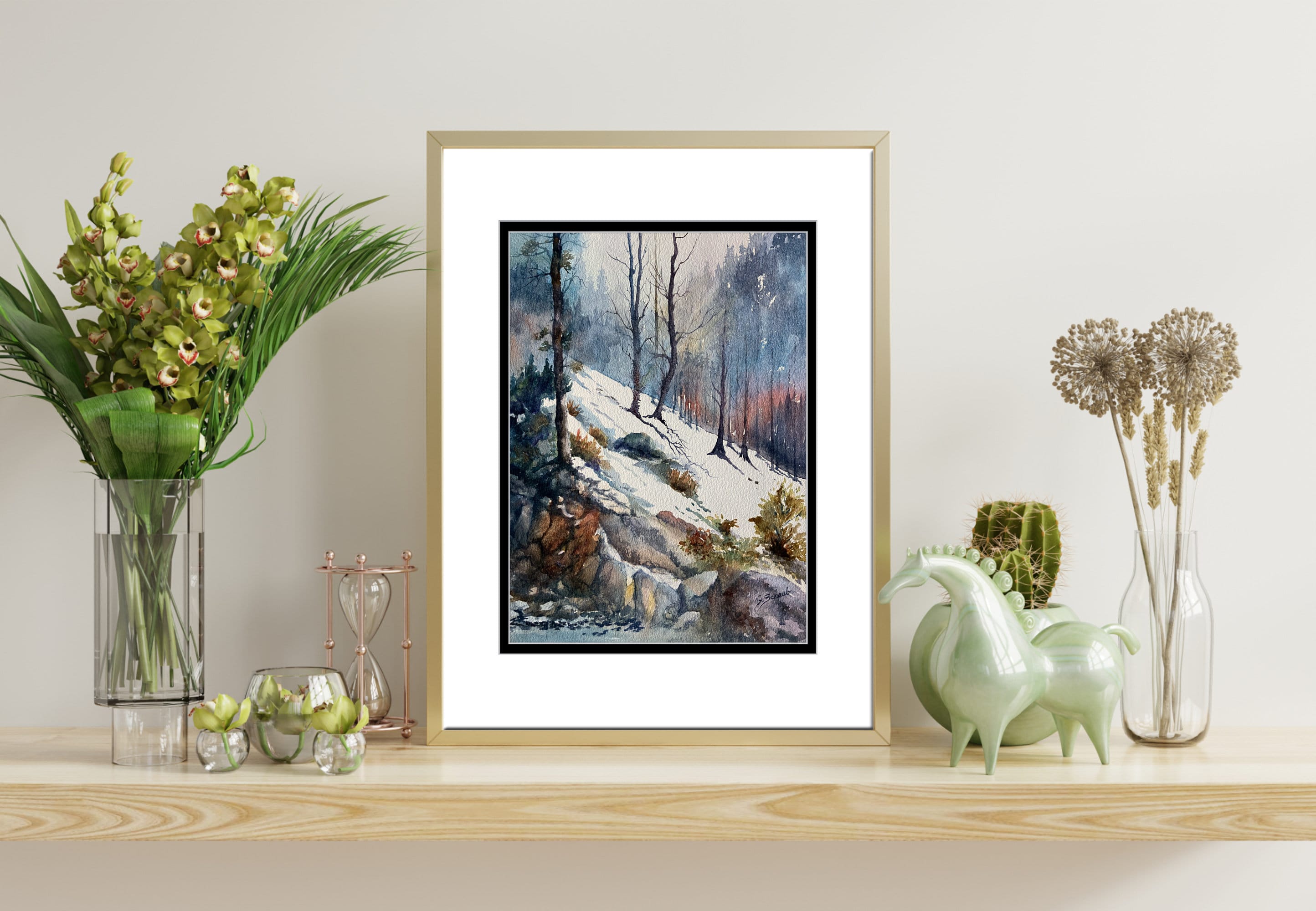 Winter Tree Original Watercolor Painting Mountain Snowscape Rocks and ...