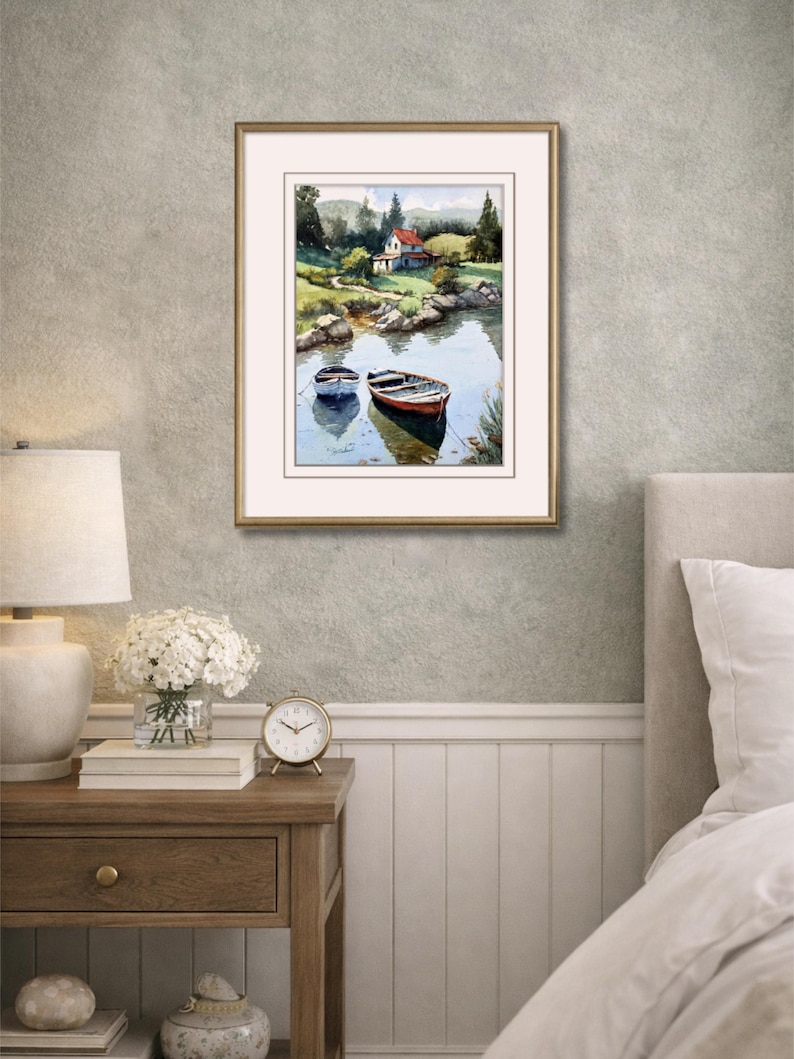 Original Watercolor Painting – Boats at Cottage Cove – Lake House Wall ...